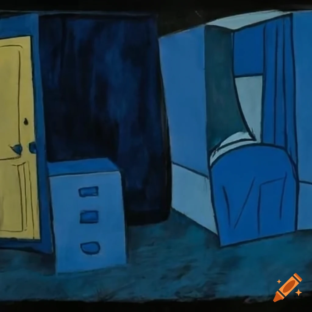 Blue Period painting of a hotel room with a wardrobe and bed on Craiyon