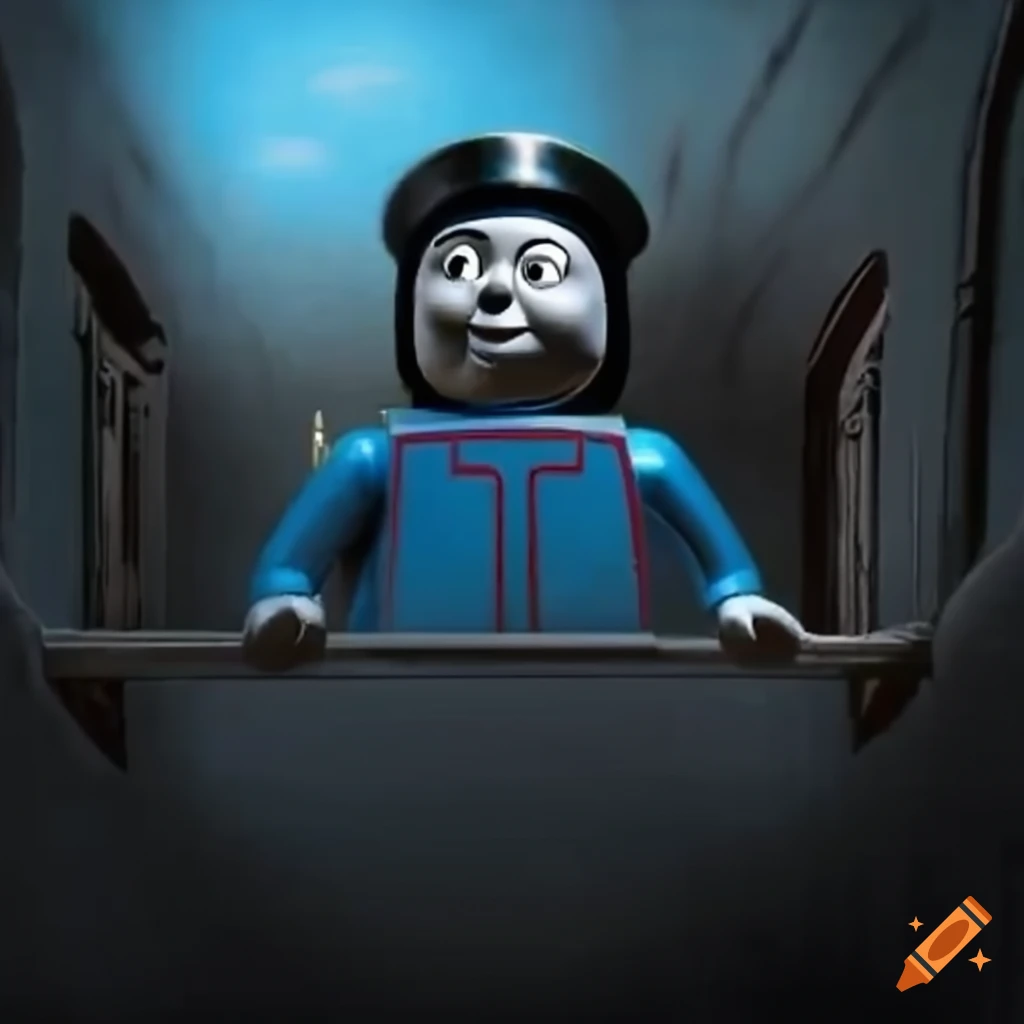Thomas the tank engine exploring mysterious backrooms on Craiyon