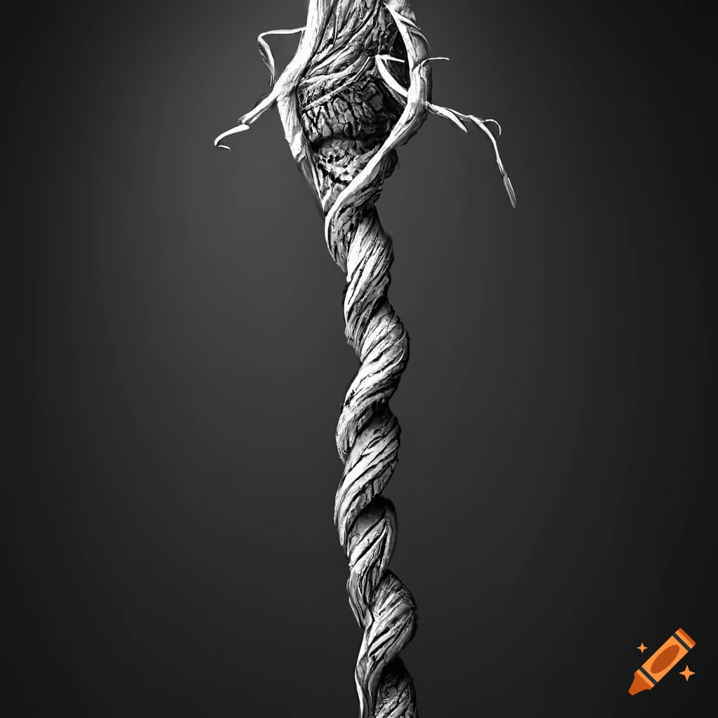 Mysterious twisted wizard staff made of old bleached ash wood on Craiyon