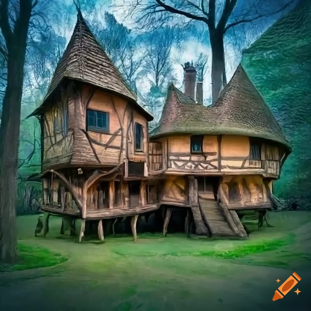 Highly detailed tree houses in a medieval village celebrating ...