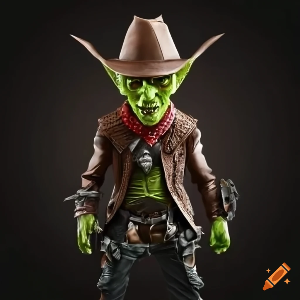 Goblin in spiked leather cowboy attire with a revolver on Craiyon