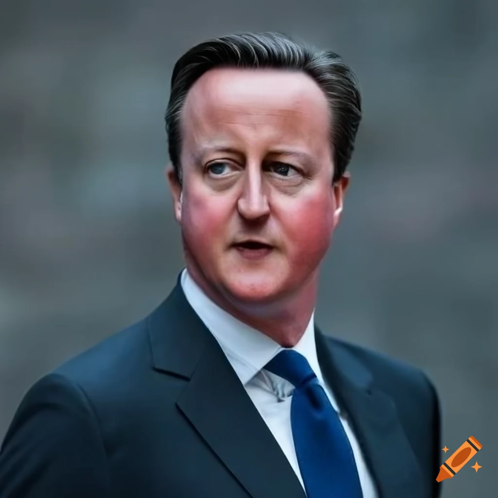 Portrait of ex-Prime Minister David Cameron in formal attire with a stern expression on Craiyon
