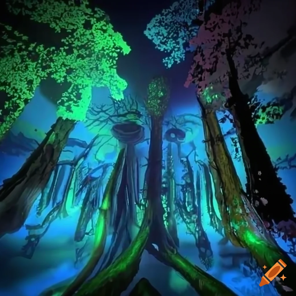 Biopunk forest merging nature and technology with bioluminescent trees on Craiyon