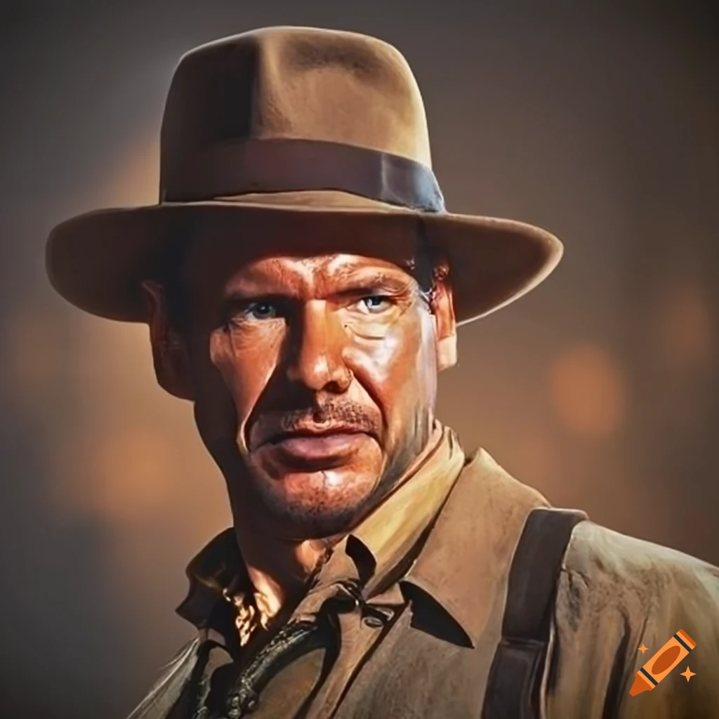 Iconic indiana jones with fedora exploring ancient temple holding chalice on Craiyon