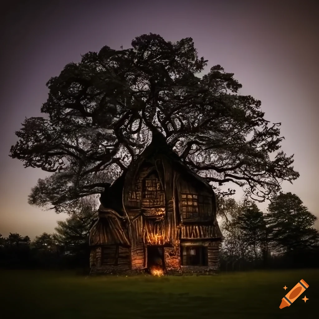 Mystical oak tree house with bonfire and lanterns at night in medieval ...
