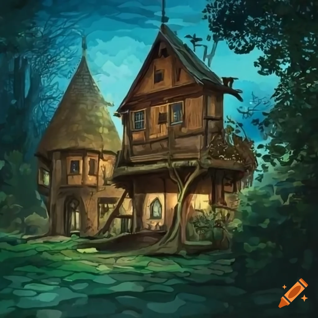 Highly detailed tree houses in a medieval village celebrating ...