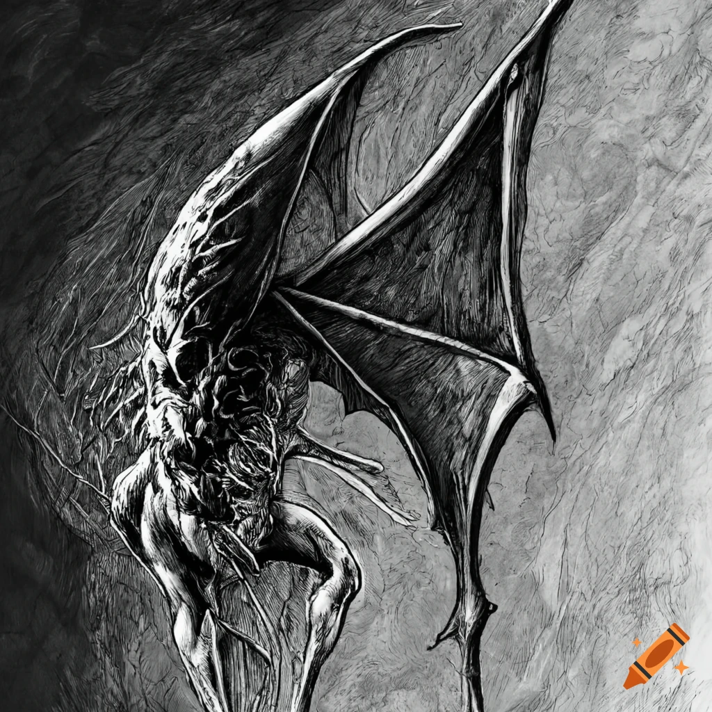 Detailed demonic bat wings in black and white pen and ink, inspired by ...
