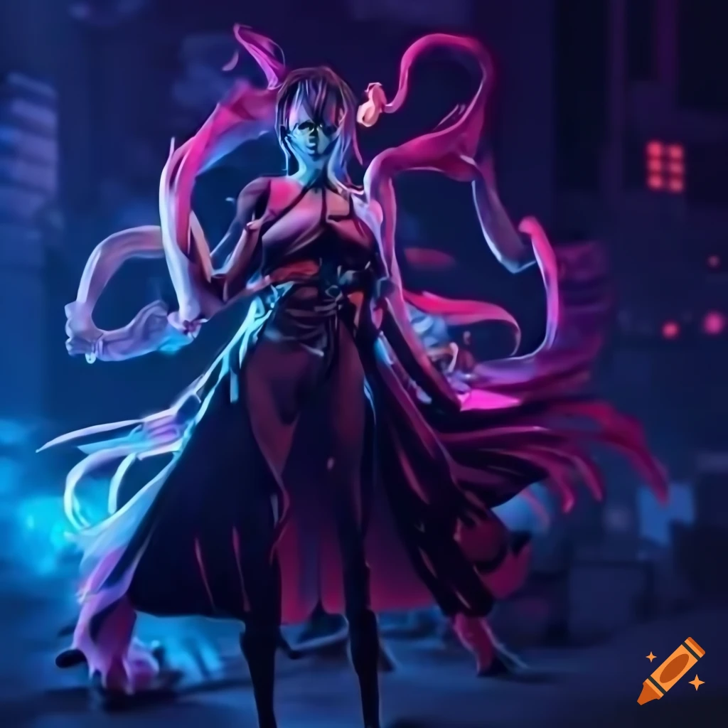 Intimidating female monster anime character in a dark cityscape with ...