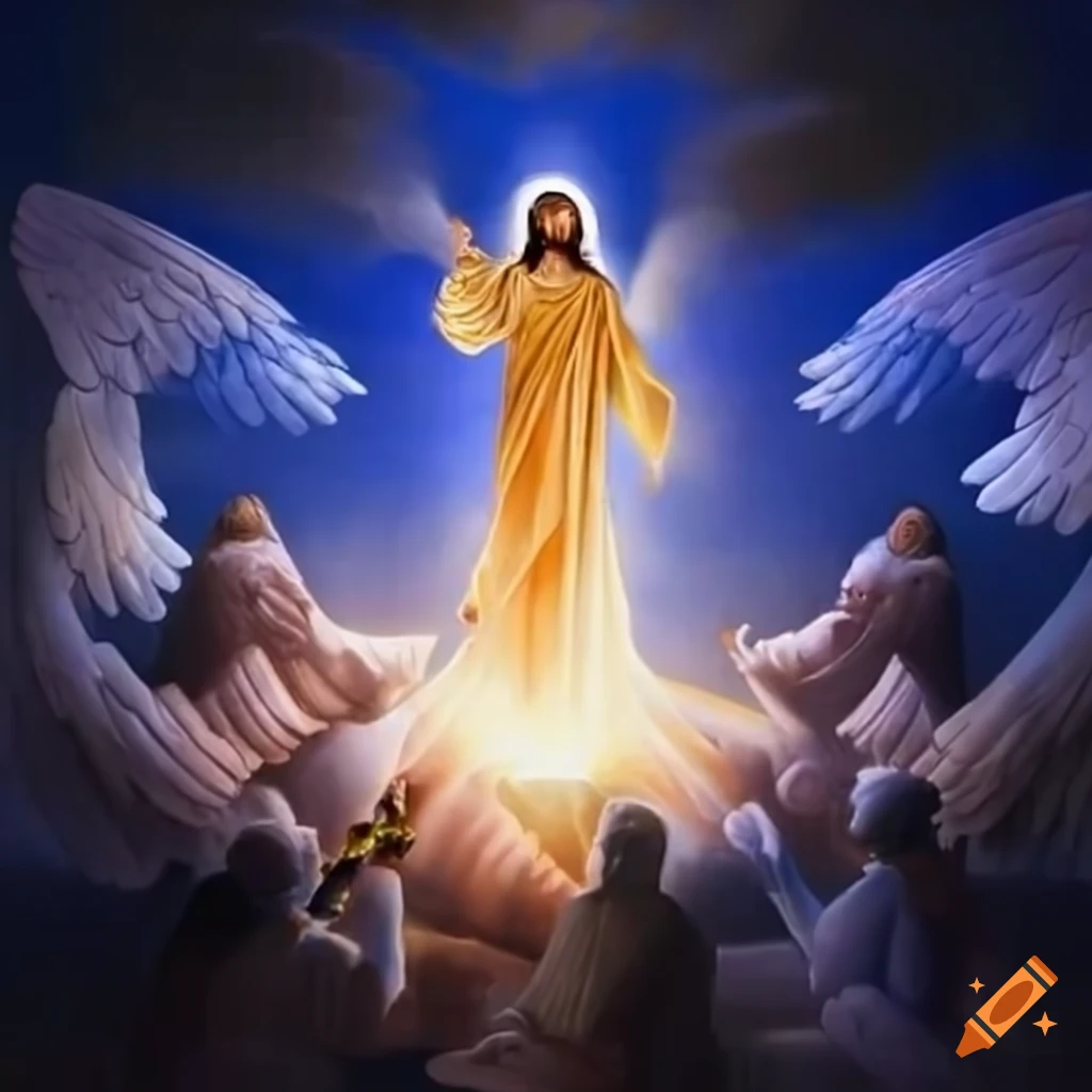 Second coming of Jesus Christ with angels and trumpets on Craiyon