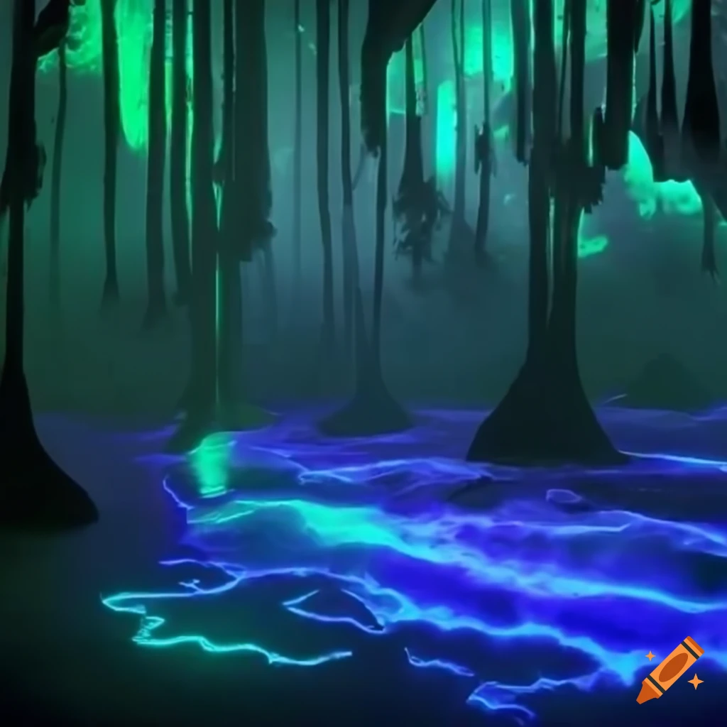 Surreal forest where nature and technology merge with bioluminescent ...