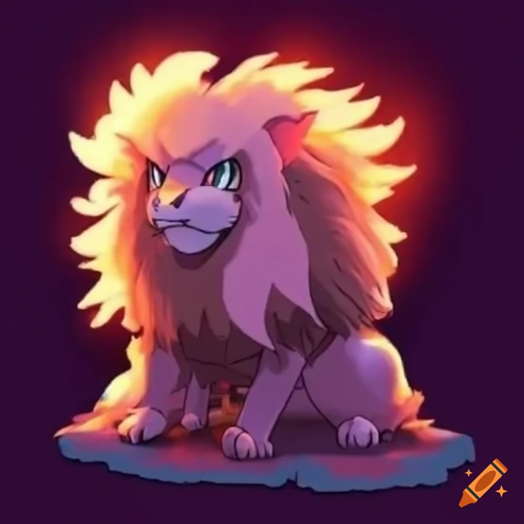 Pokemon style character resembling a fire-shooting lion on Craiyon
