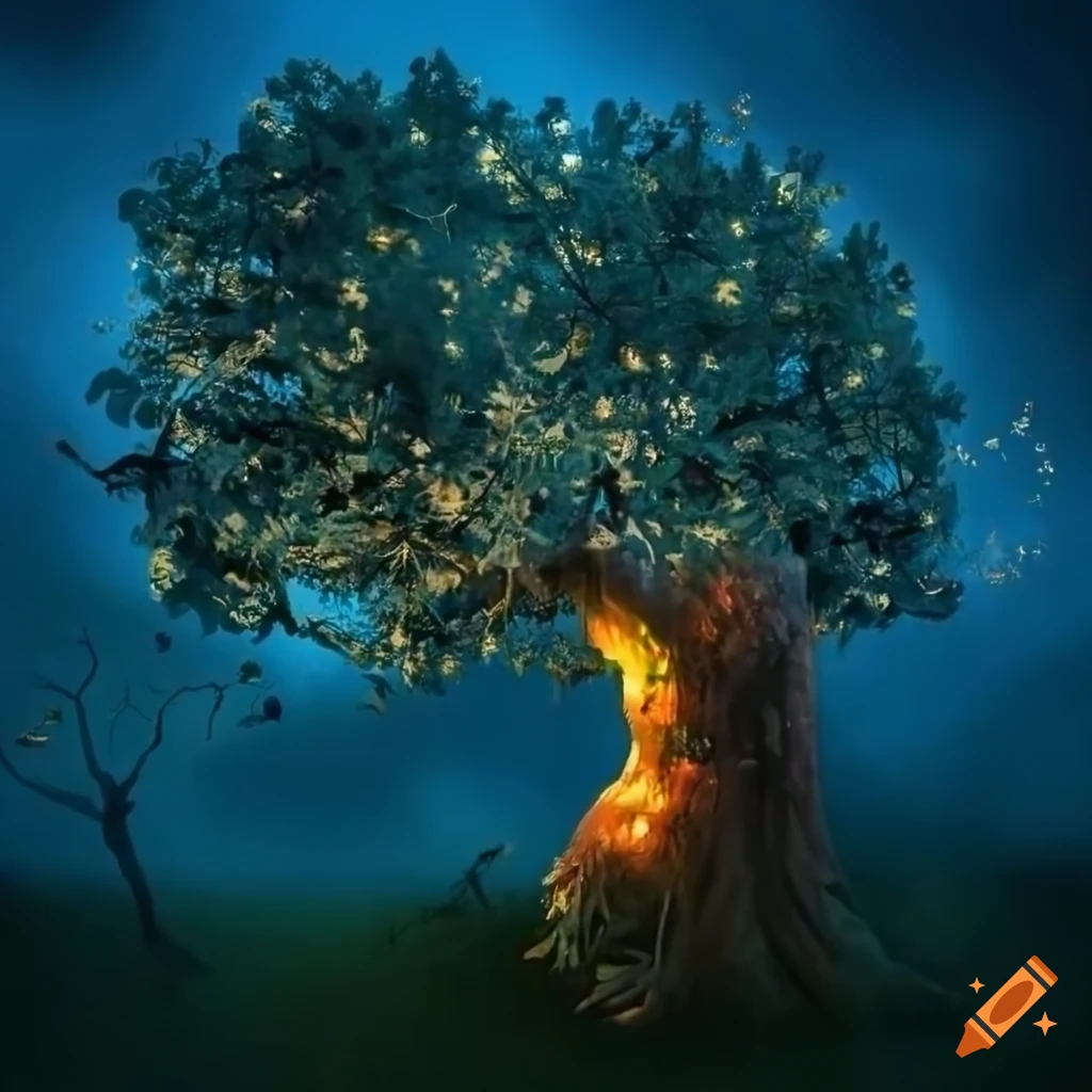 Enchanted lime tree in a medieval village at night with lantern lights ...