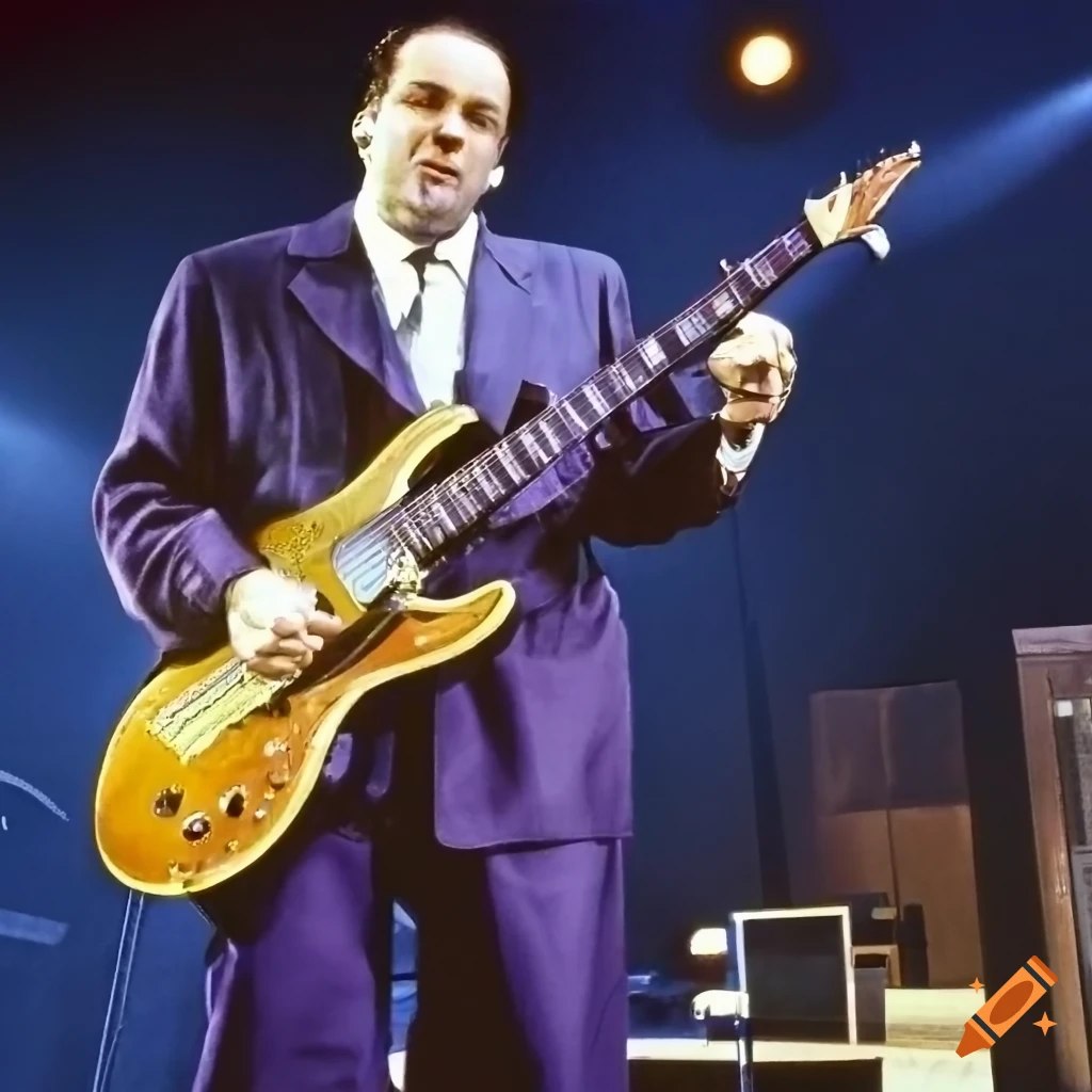Iconic mafia boss Tony Soprano playing a guitar solo at a retro 80s pop ...