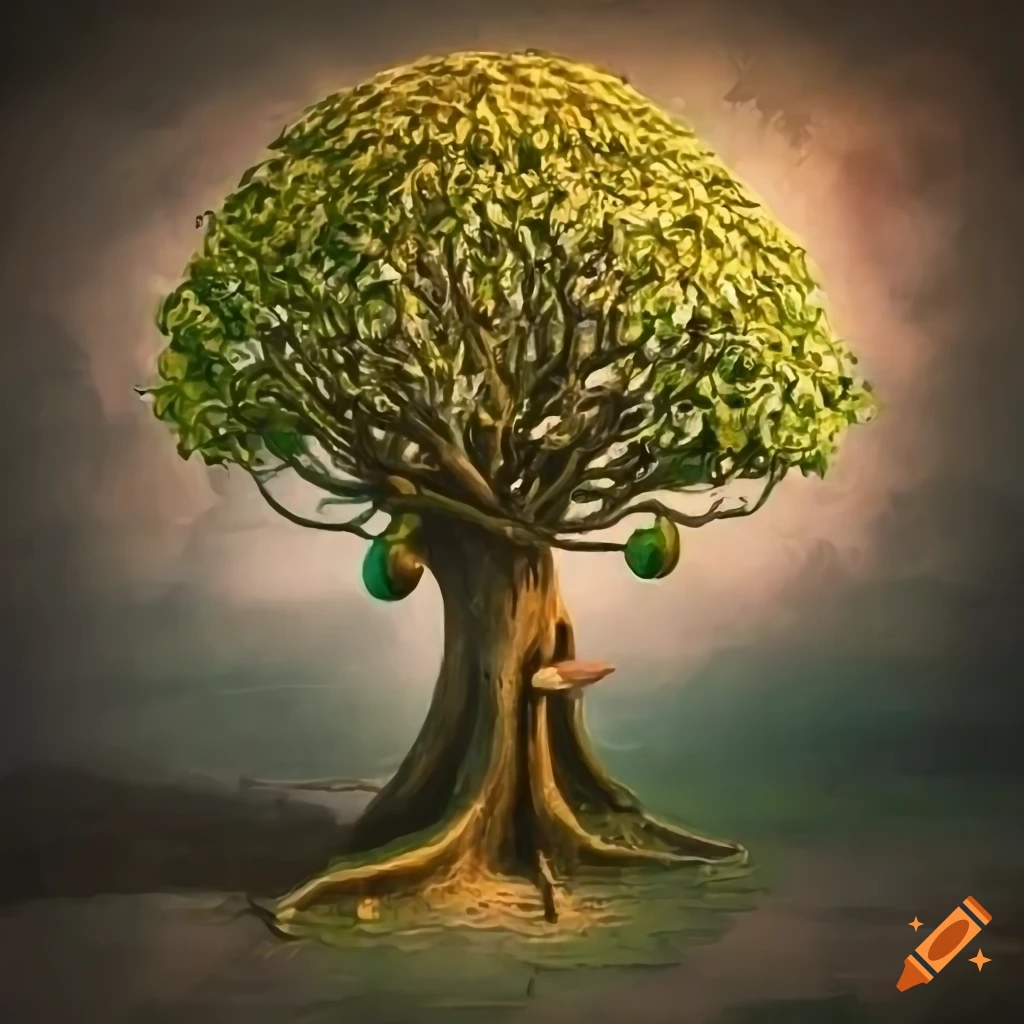 Enchanted lime tree in a medieval village square painted in botanical ...