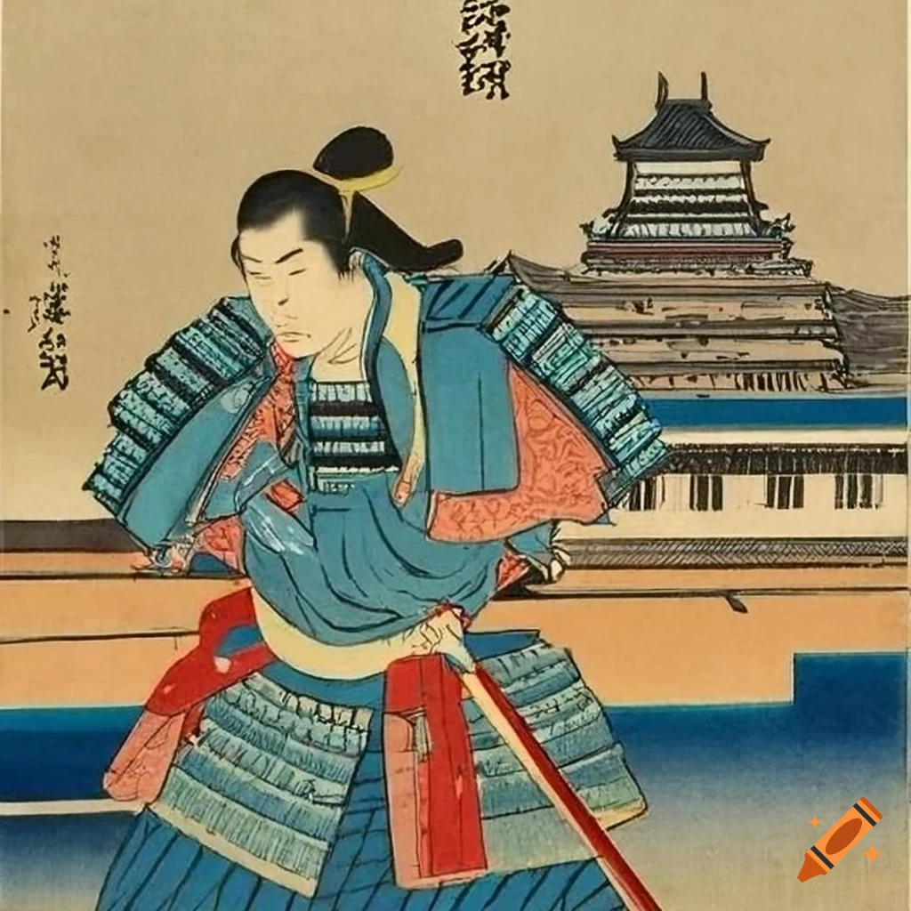 Ukiyo-e artwork depicting a Guard Samurai with a spear in front of a Japanese castle on Craiyon