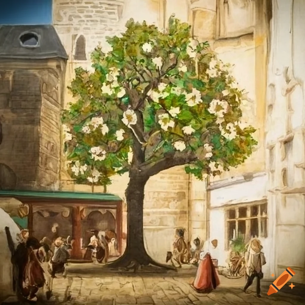 Detailed lime tree in a medieval market painted in botanical style on ...