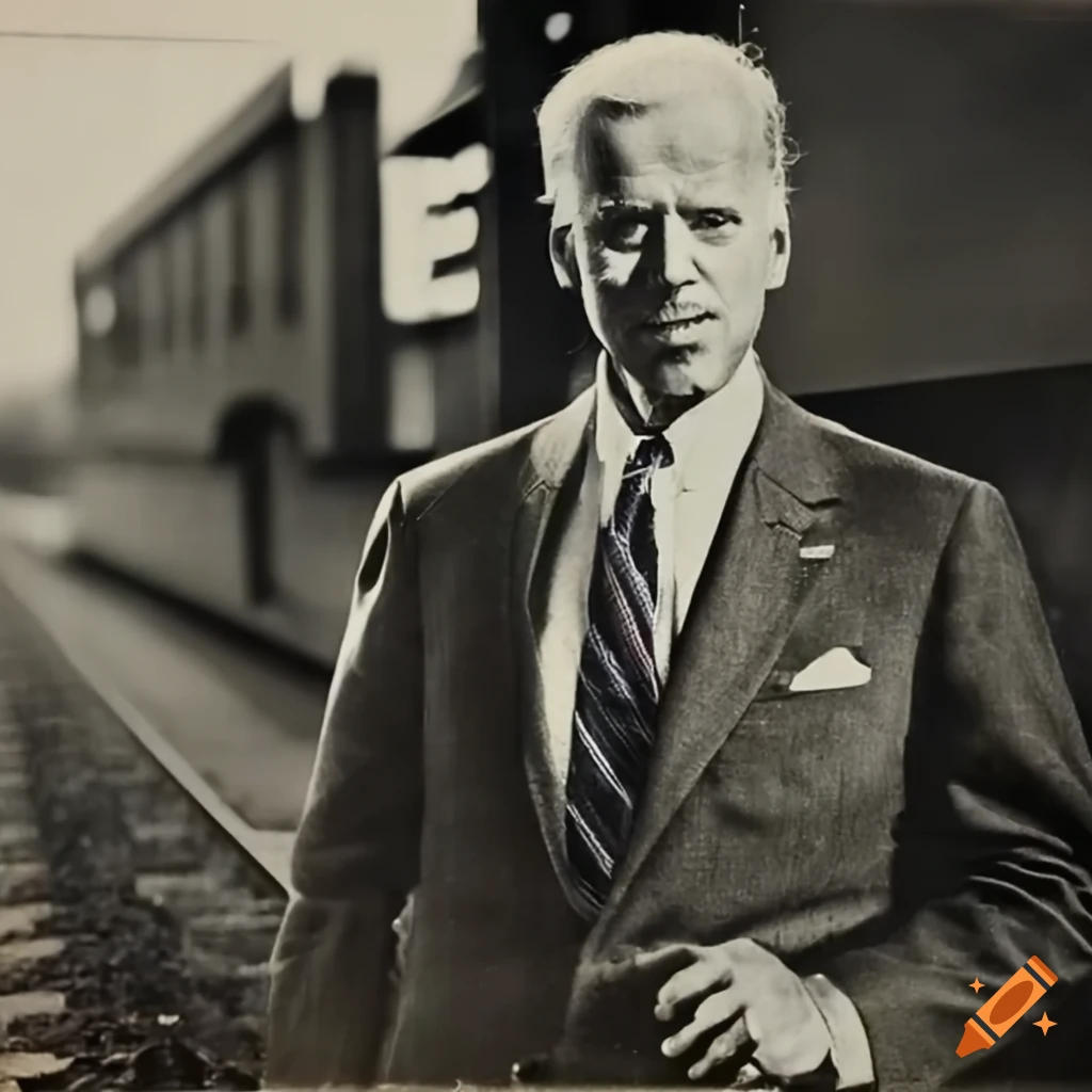 Vintage tintype photo of Joe Biden standing on a railroad track on Craiyon