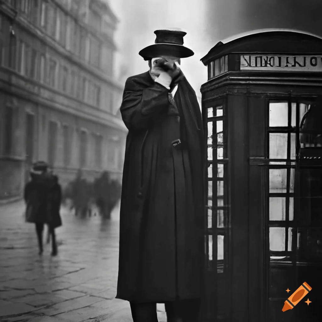 Spy making a call in an early 1900s london telephone booth in pouring ...