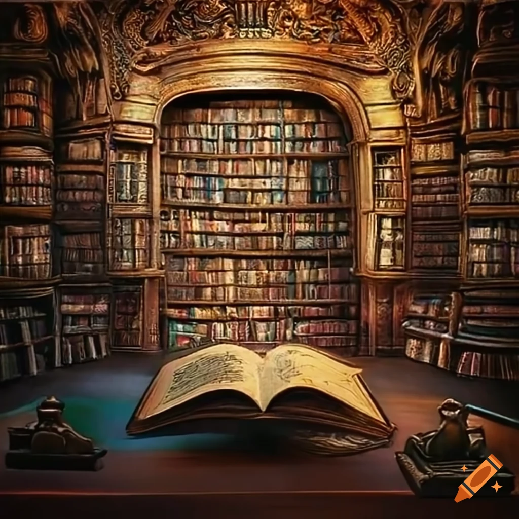 Fantasy library with beautiful book bindings on Craiyon