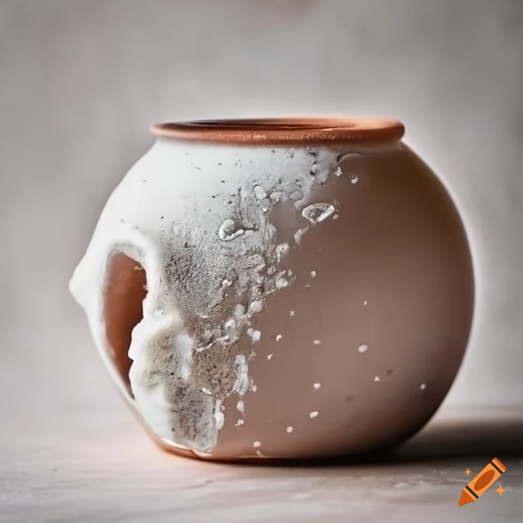 Cylindrical clay pot with white ash glaze and rock salt crystals on Craiyon