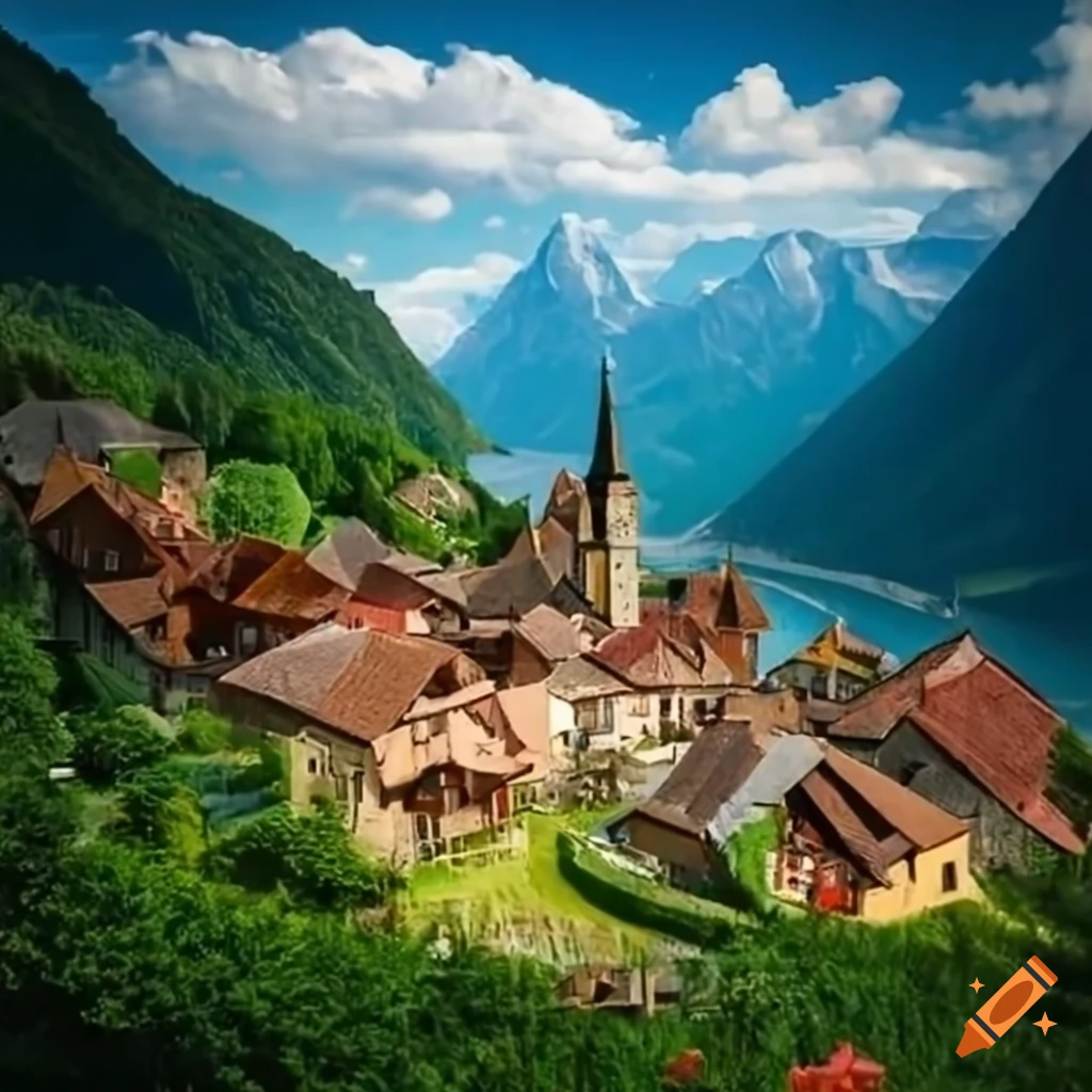 Heart of a small Alpine village in the summer, with spaced houses, a ...