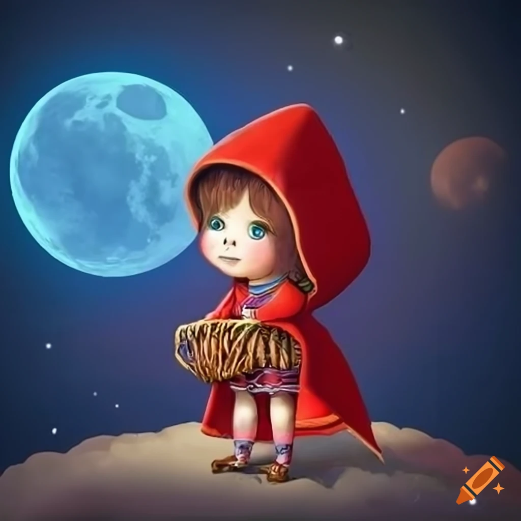 Little Red Riding Hood on the moon with her red cloak and wicker basket ...
