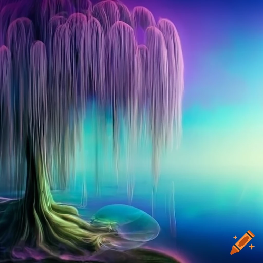 Dreamscape with fantasy elements like bubbles and a weeping willow tree by a misty lake on Craiyon