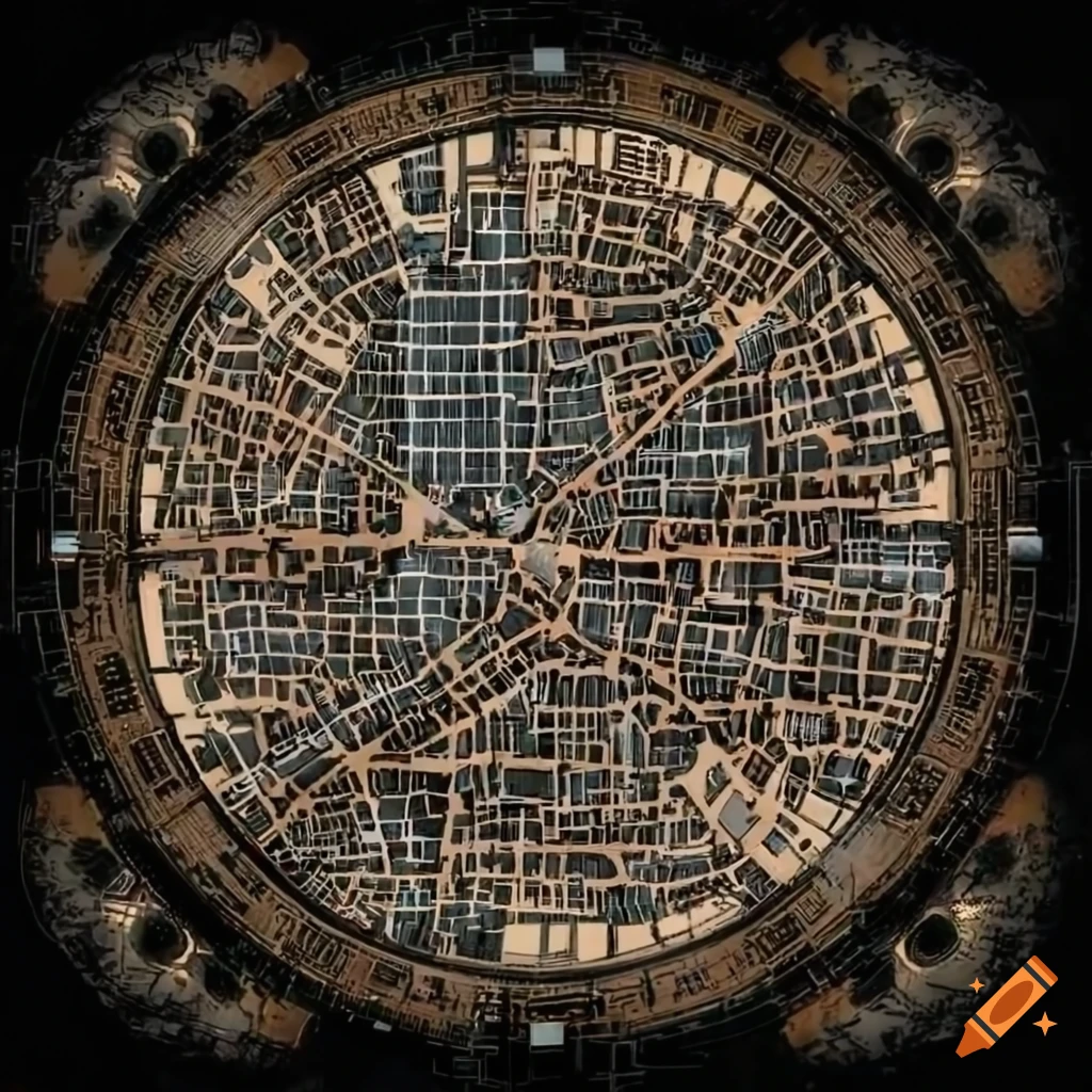 Detailed map of a bustling metropolis city center with concentric rings ...
