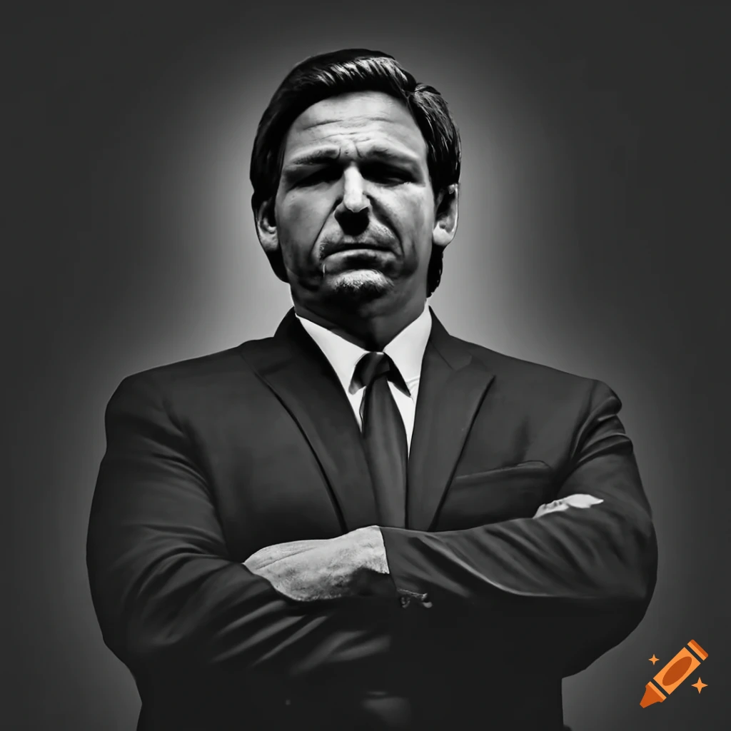 Ron DeSantis standing confidently with crossed arms in a black and ...