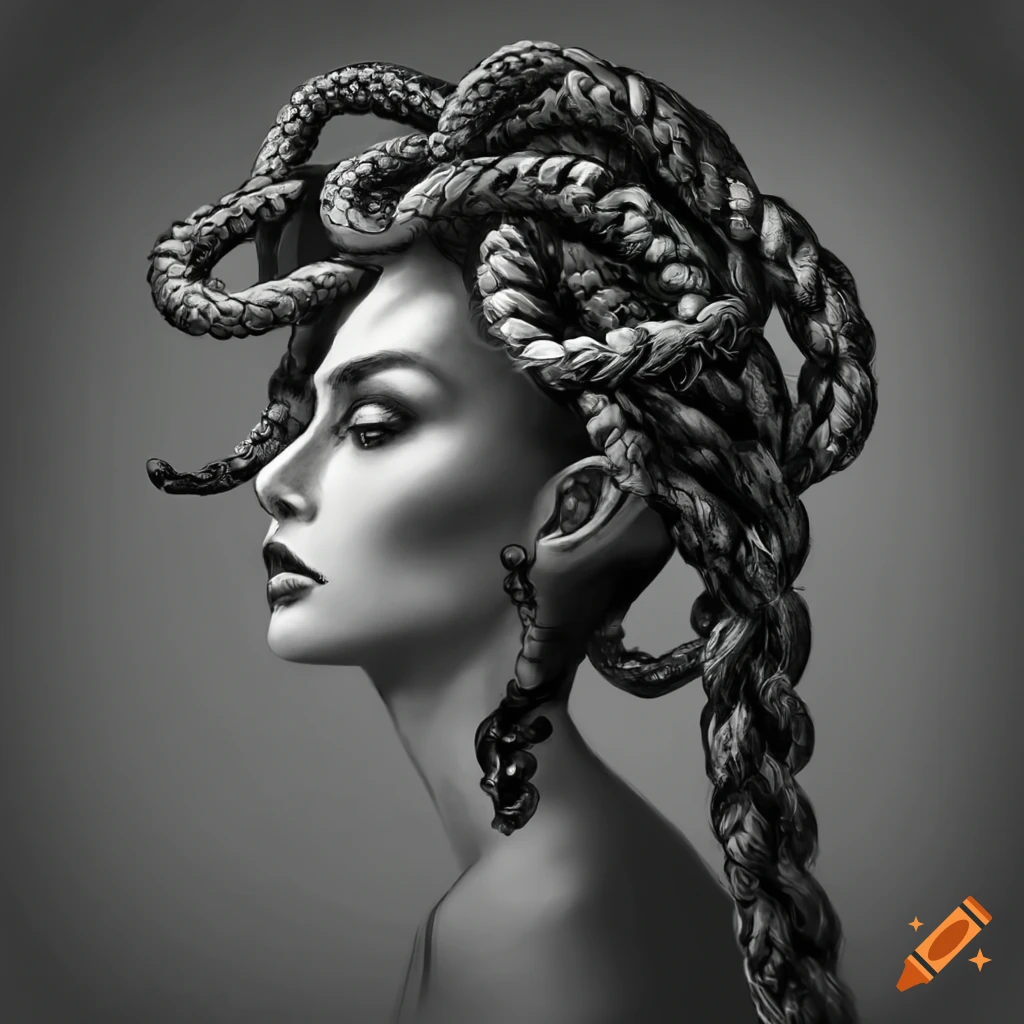 Artwork of mythological Medusa with braided metal chain hair in black ...