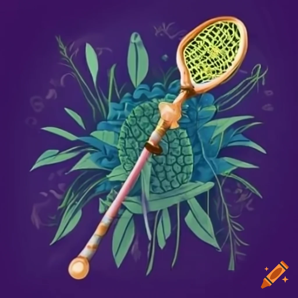 Ashen wizard staff merged with a lacrosse stick topped with pineapple ...