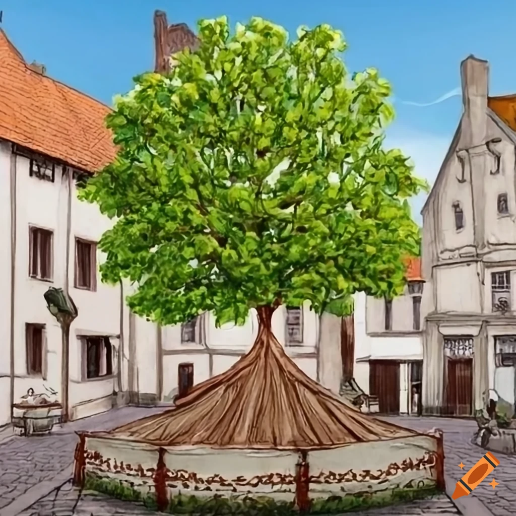 Highly detailed lime tree in a medieval marketplace with botanical ...