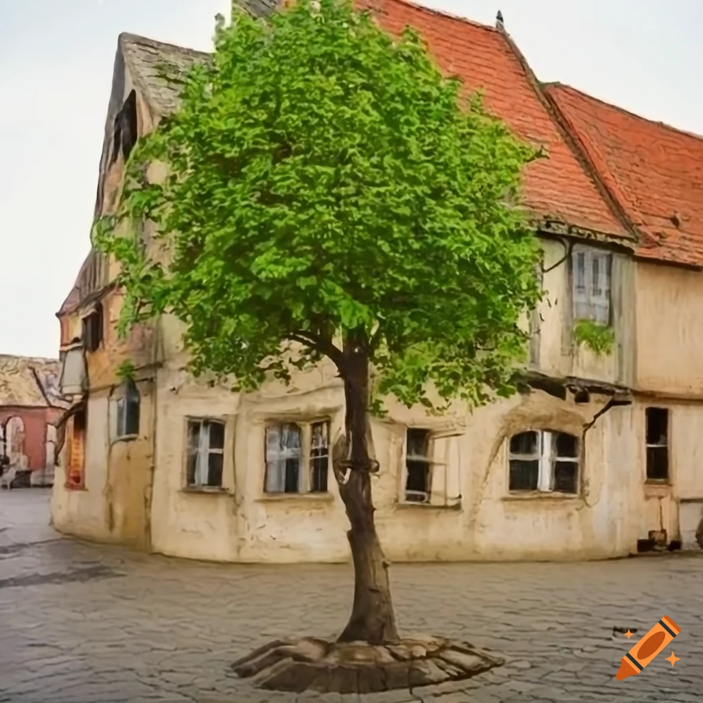 Highly detailed lime tree in a medieval marketplace with botanical ...