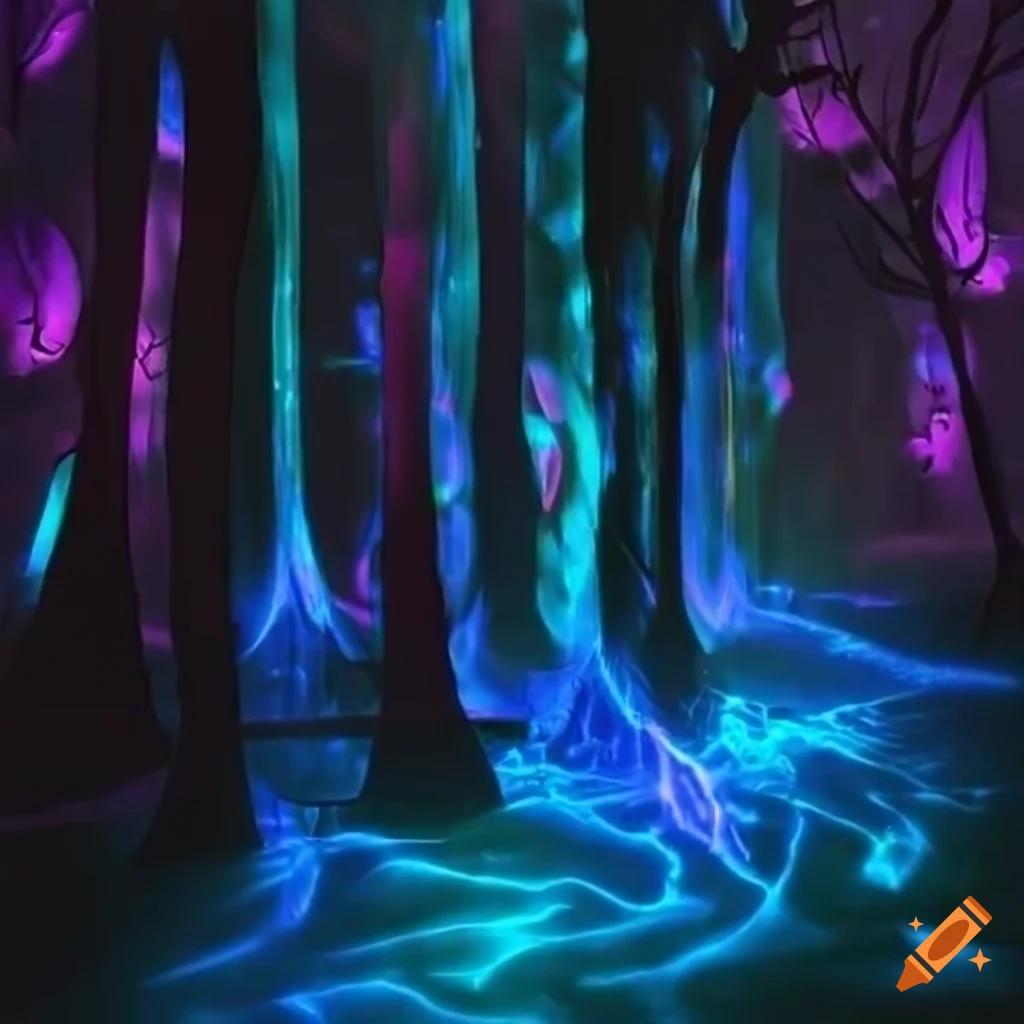 Biopunk forest merging nature and technology with bioluminescent trees on Craiyon