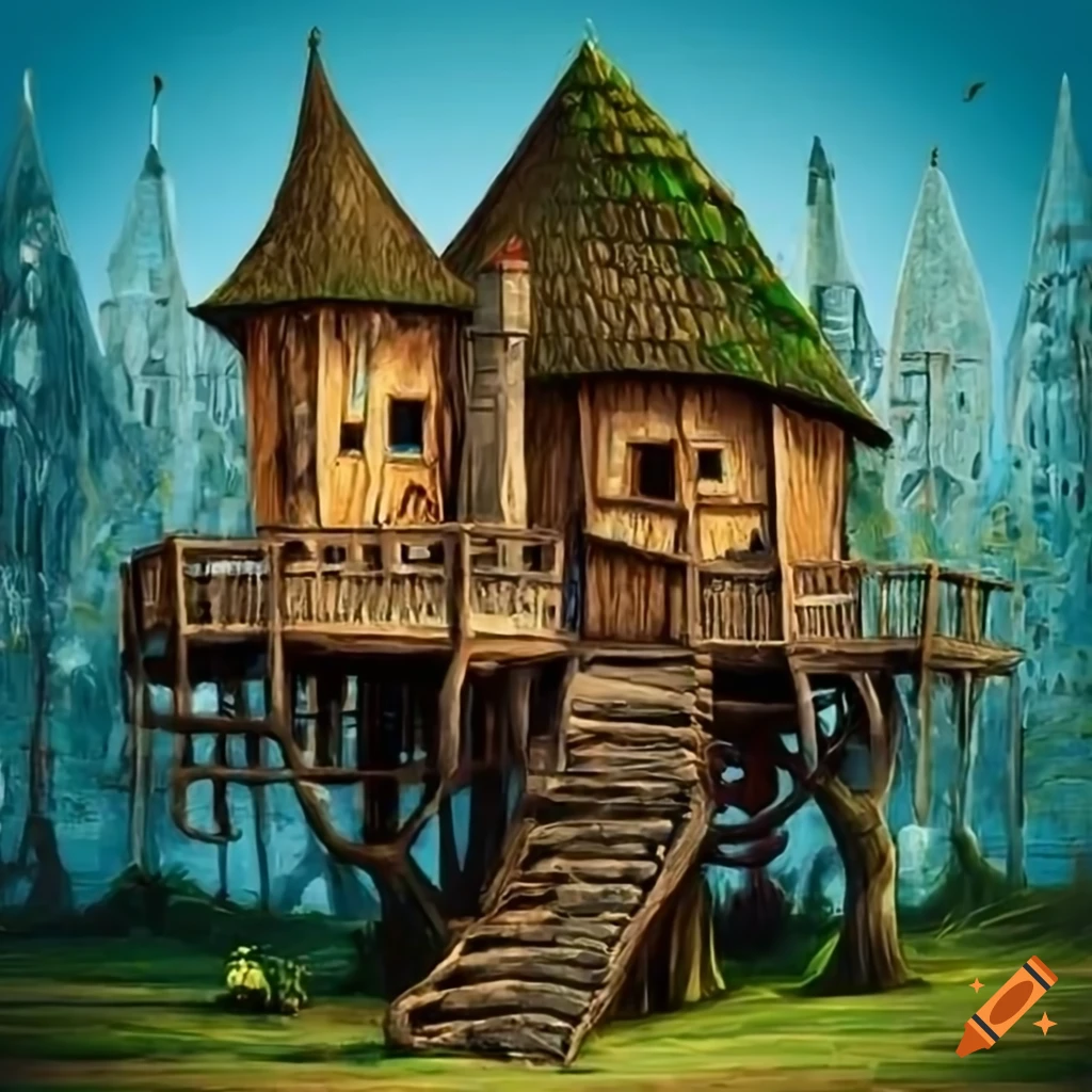 Highly detailed tree houses in a medieval village celebrating ...