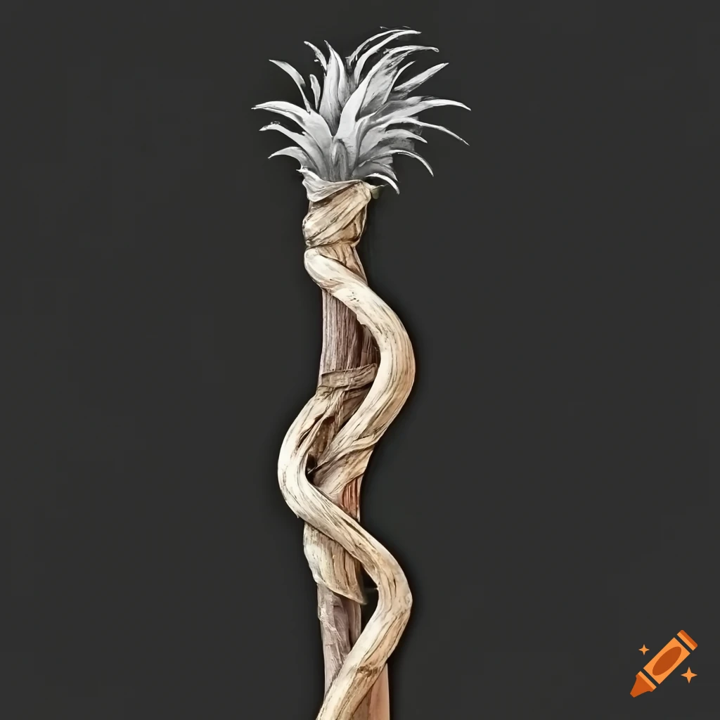 Mysterious twisted wooden wizard staff with decorative crook loop on ...