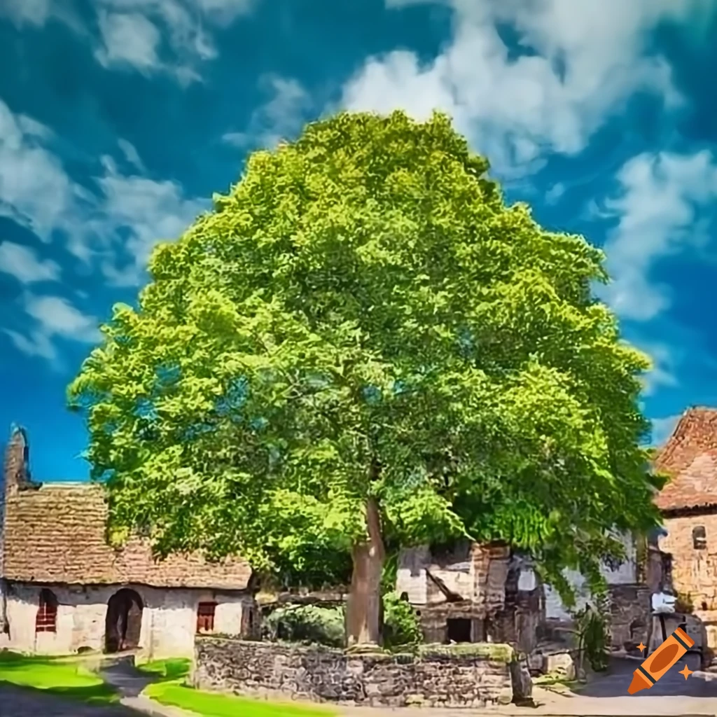 Highly detailed lime tree in a medieval village square celebrating ...