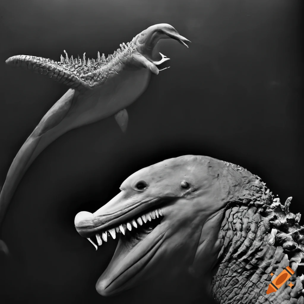 Monster dolphin battles Godzilla in black and white on Craiyon