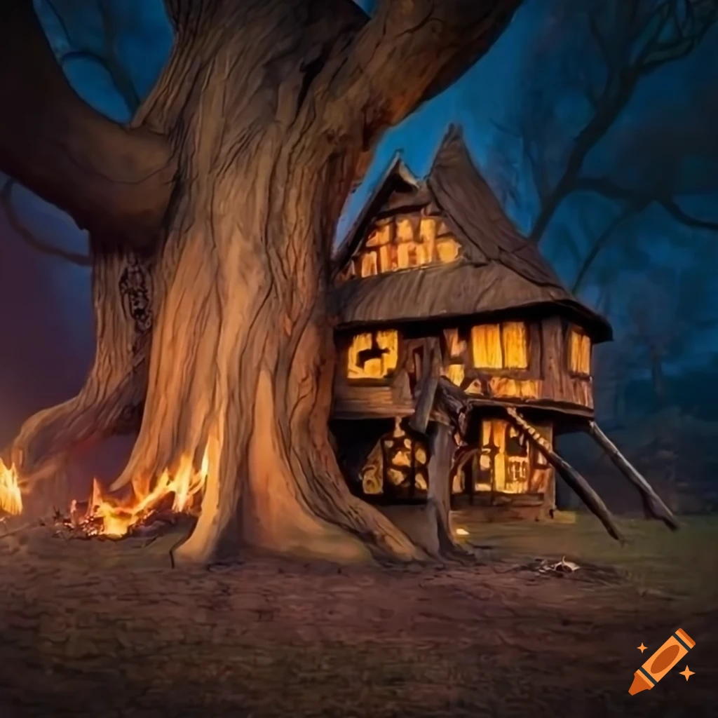 Mystical oak tree house with bonfire and lanterns at night in medieval ...