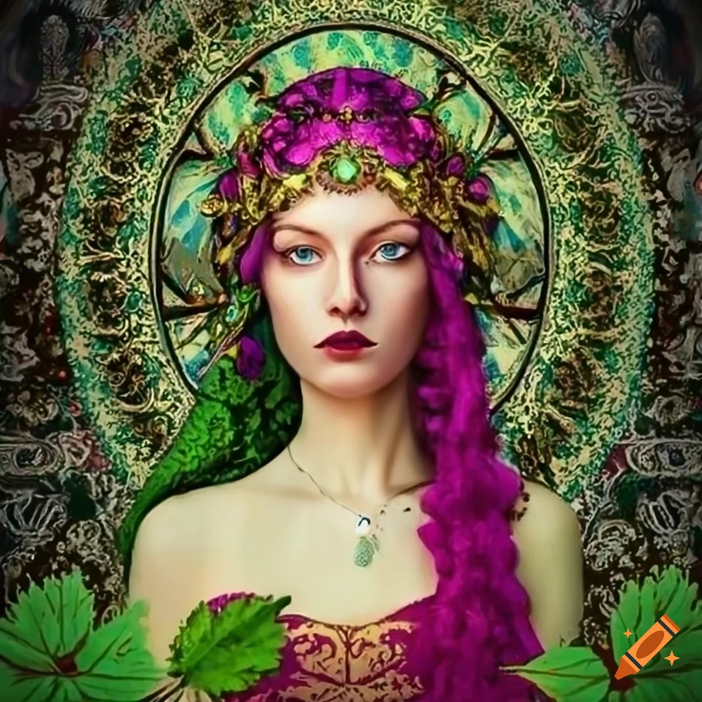 Colored mystic magic nettle goddess portrait in medieval book style on ...