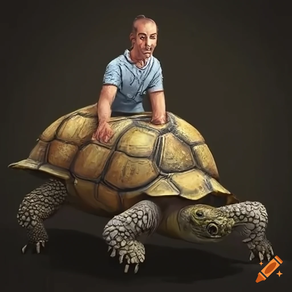 Man riding on a tortoise in artistic representation on Craiyon