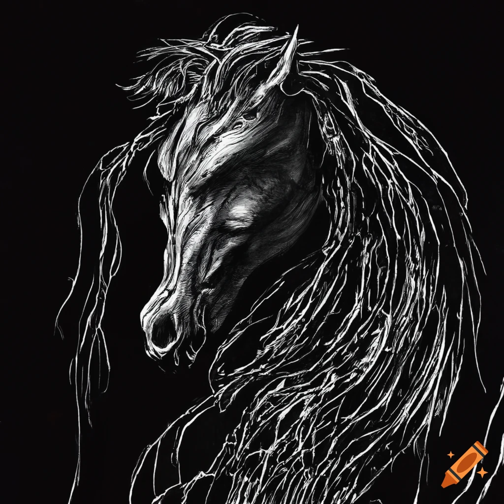Detailed black and white pen and ink artwork of a demonic horse in ...