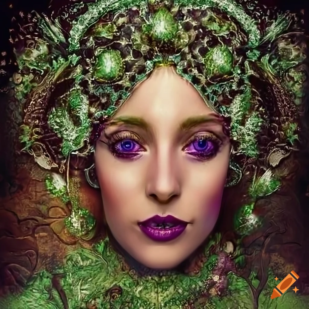 Colored mystic magic nettle goddess portrait in medieval book style on ...