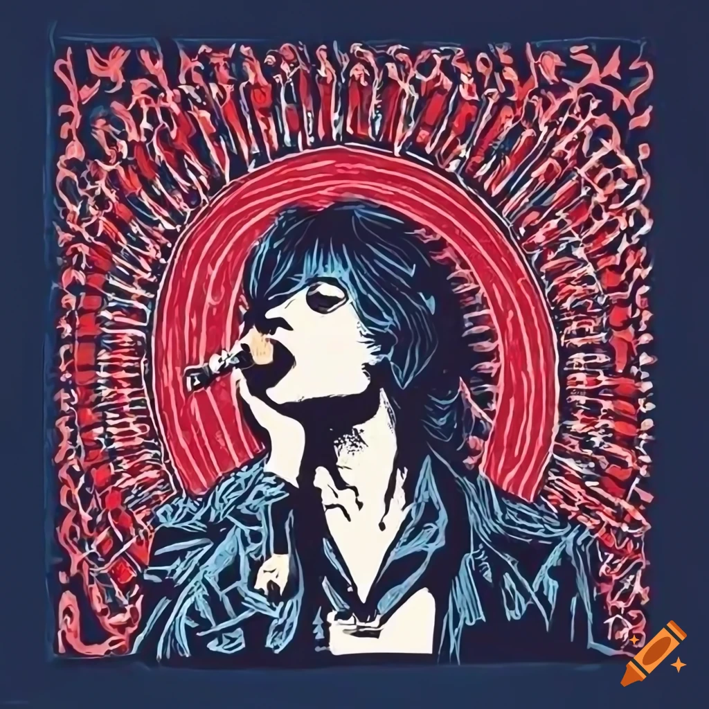 80s glam rocker smoking with red, white, and blue linocut design on Craiyon