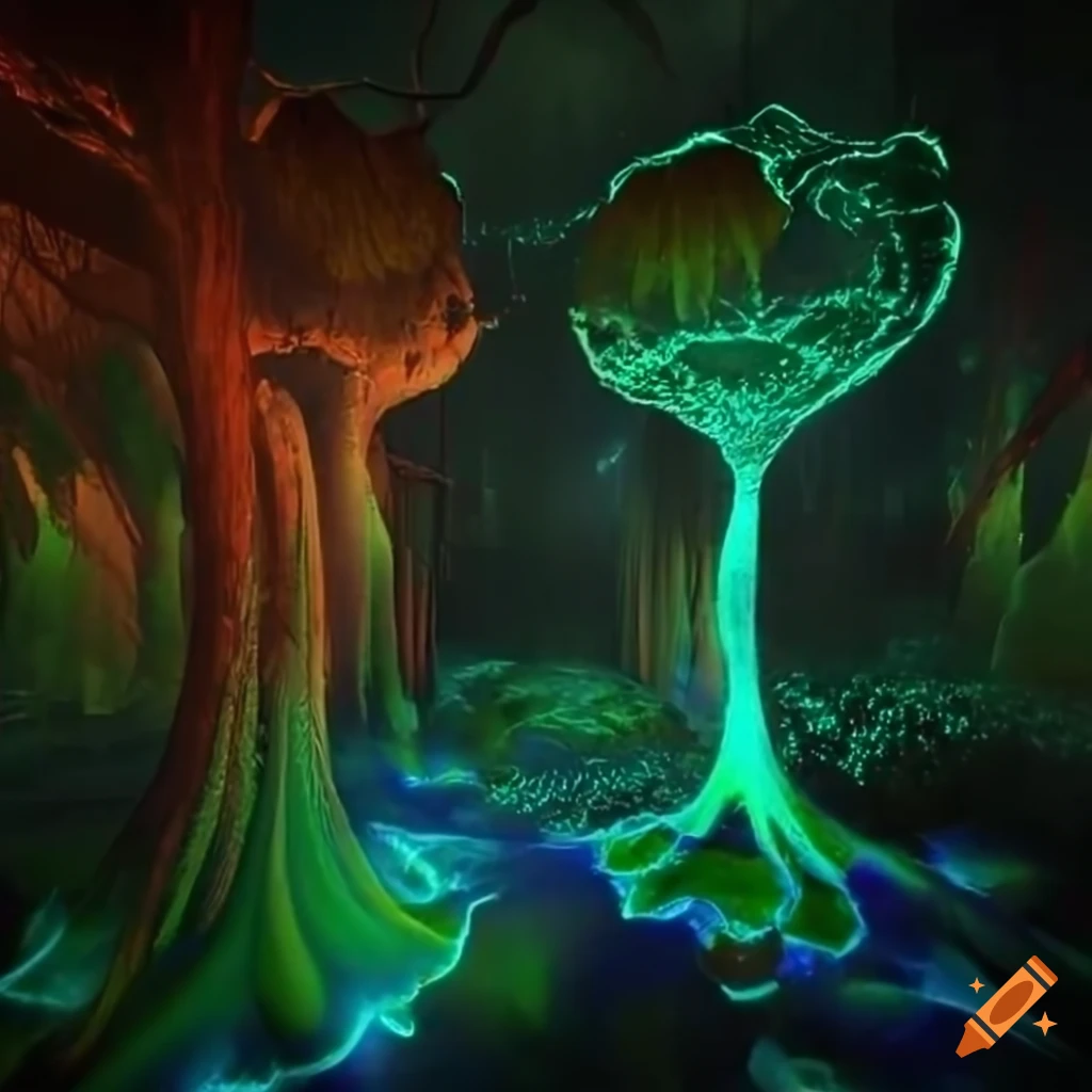 Biopunk forest merging nature and technology with bioluminescent trees on Craiyon