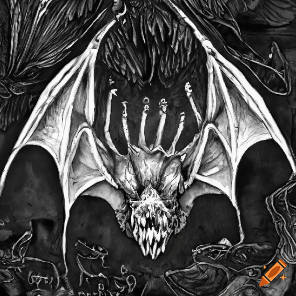 Detailed demonic bat wings in black and white pen and ink, inspired by ...