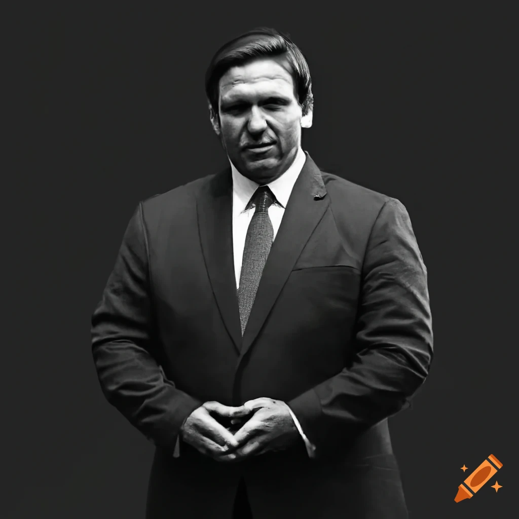 Ron Desantis in a serious and heroic pose with arms crossed, black and ...
