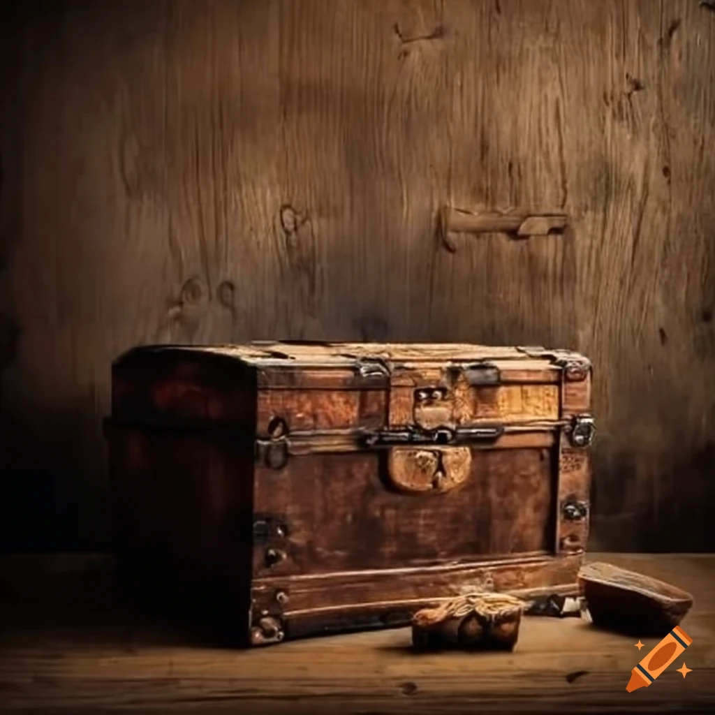 Large antique treasure chest in a rustic farmhouse setting on Craiyon