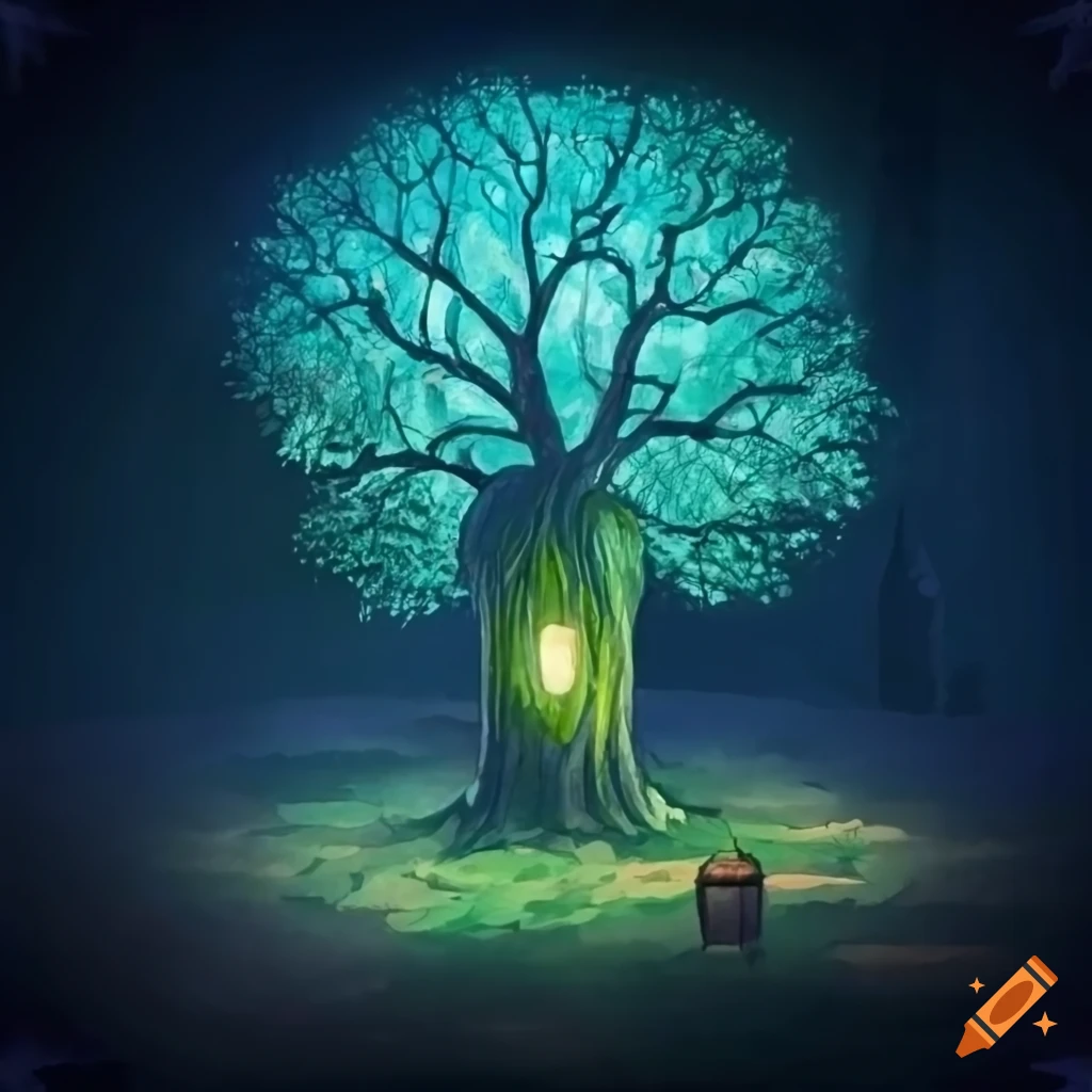 Enchanted lime tree in a medieval village square illuminated by ...