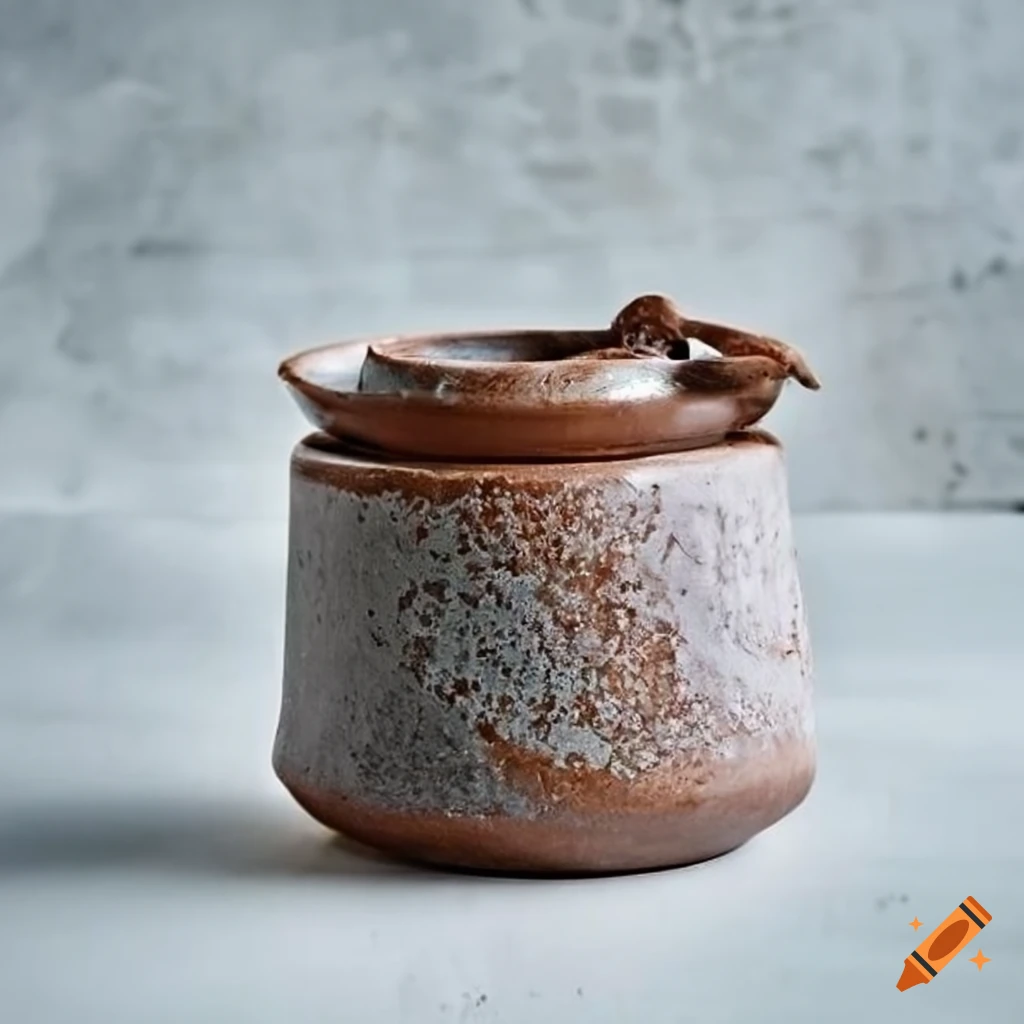 Rustic clay storage pot with ash glaze and rock salt crystals on Craiyon